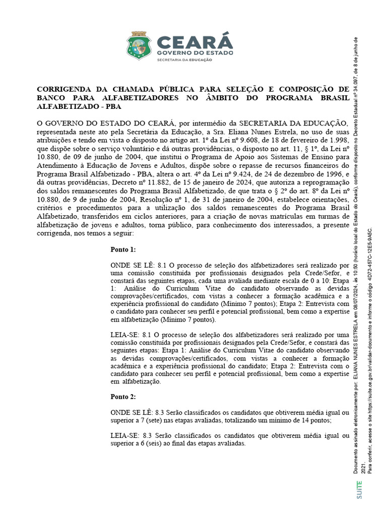 Corrigenda Seleção Alfabetizadores PBA Ceará | PDF | Brasil