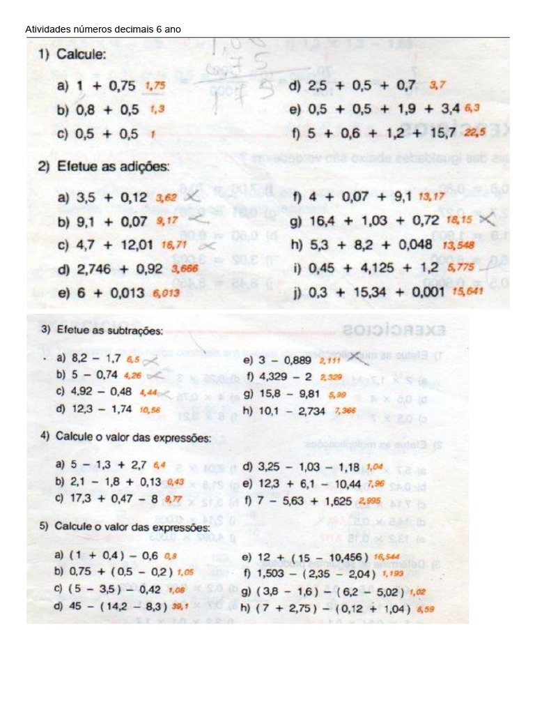 alunos Atividades números decimais 6 ano (1) | PDF