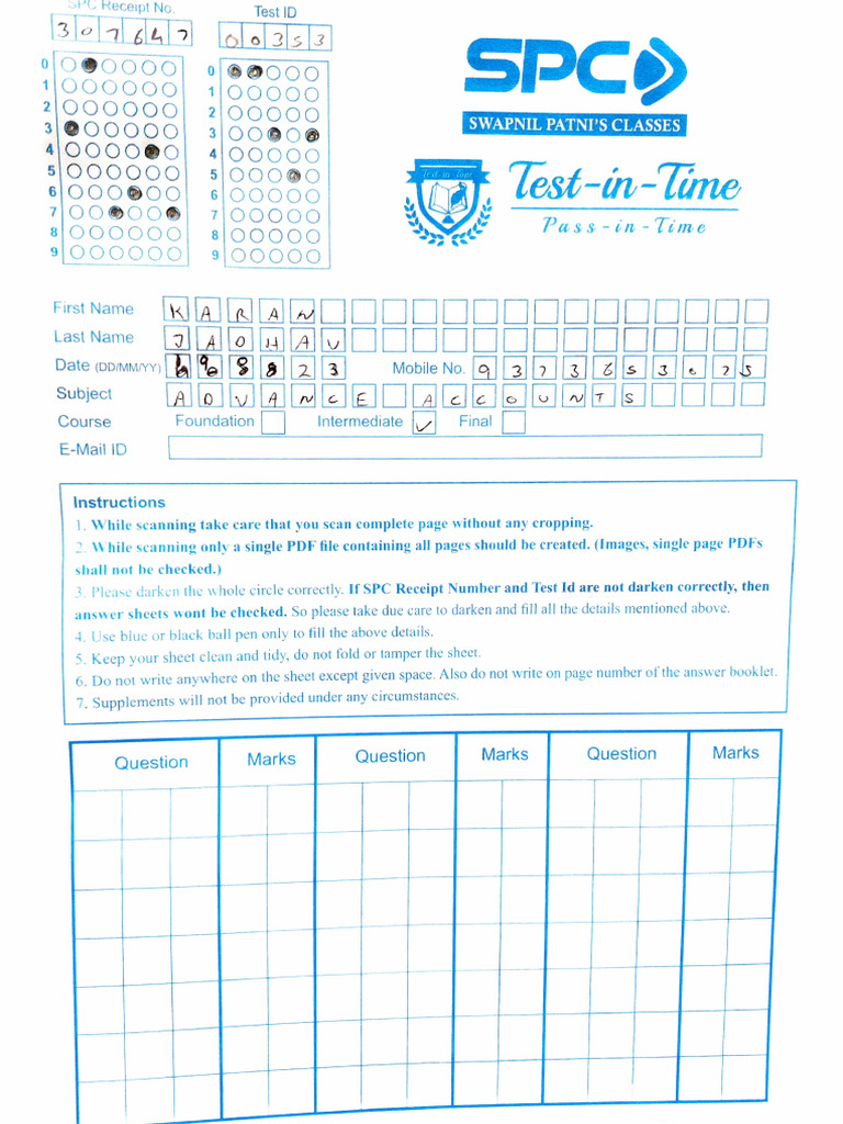 Exam Answer Sheet Instructions | PDF