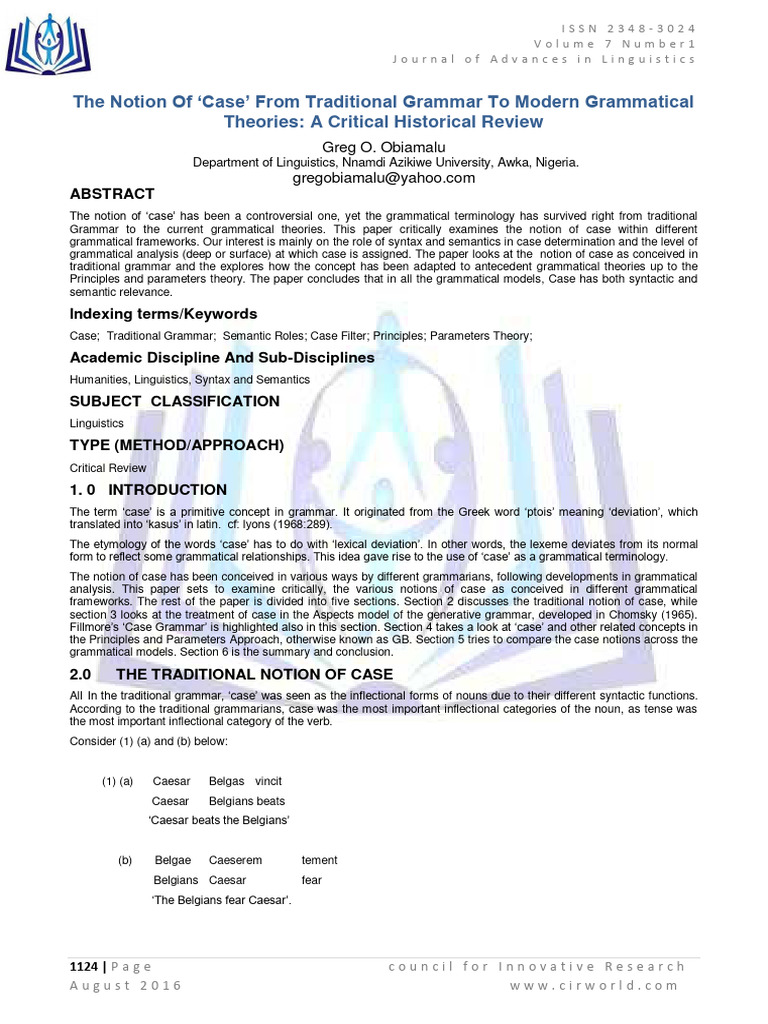 Traditional Notion of Case in Grammar | PDF | Grammatical Gender | Syntax