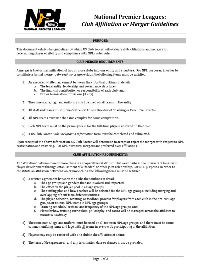 NPL - Club Merger or Affiliation Guidelines | PDF