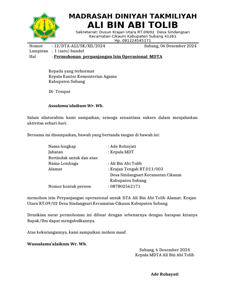 Perpanjangan Izin MDTA Subang | PDF