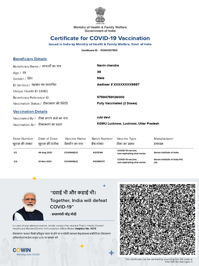 Navin Chandra Covid Vaccine Certificate1729185158829 | PDF | Drugs ...