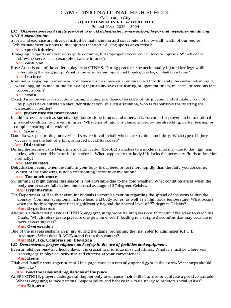 2nd Quarter Reviewer 1st Sem G11 2024 - 2025 | PDF | Physical Fitness | Endurance