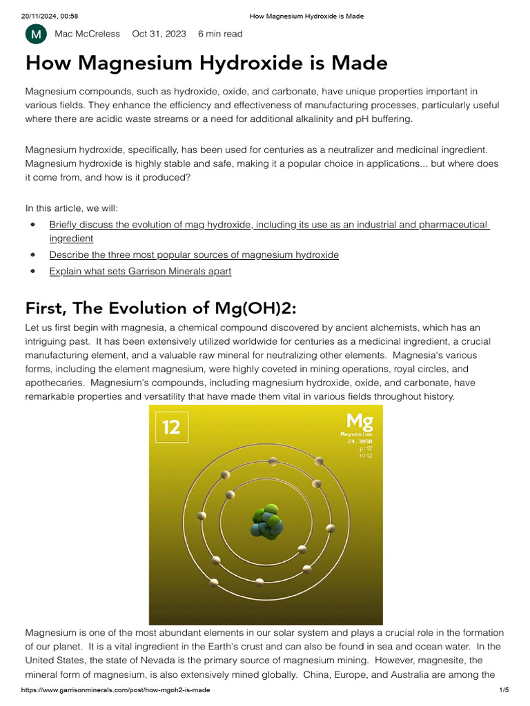 Magnesium Hydroxide Production Methods | PDF | Magnesium ...