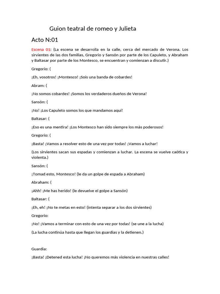 Guion Teatral de Romeo y Julieta Obra | PDF | Romeo y Julieta | Julieta