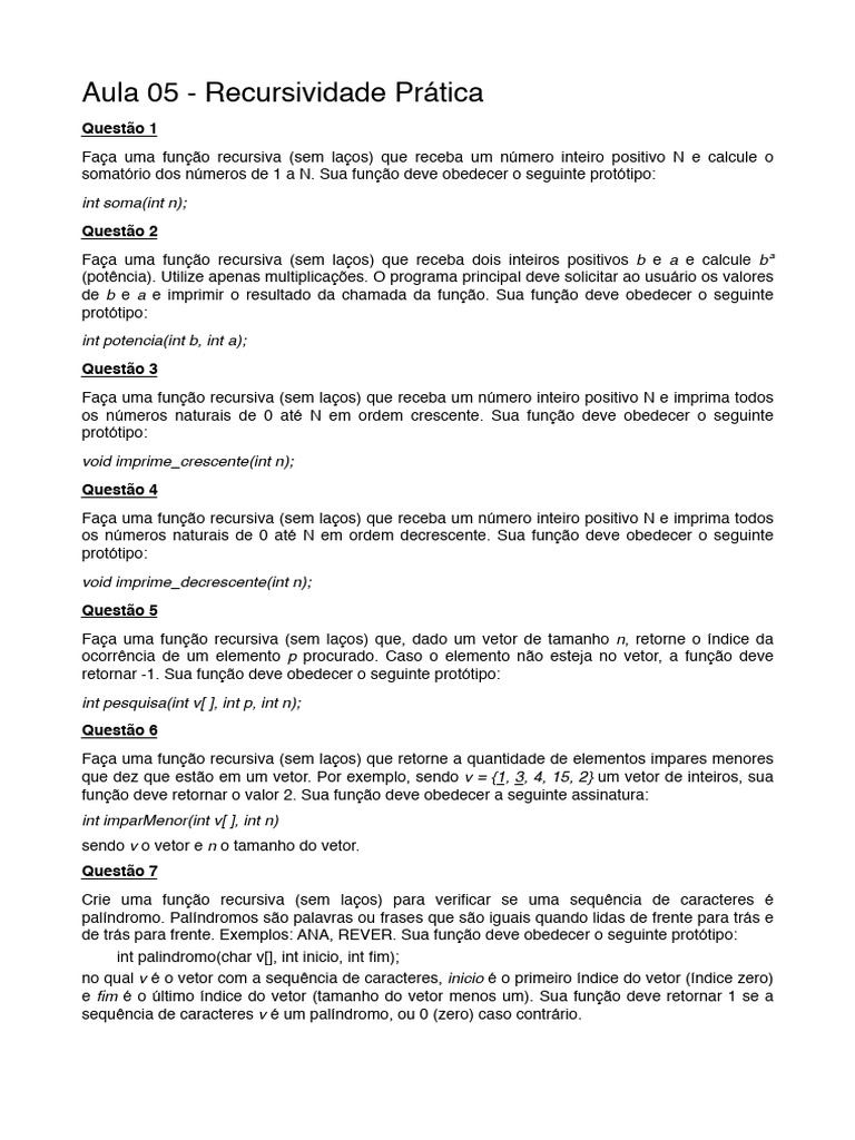 Funções Recursivas em C: Exemplos Práticos | PDF