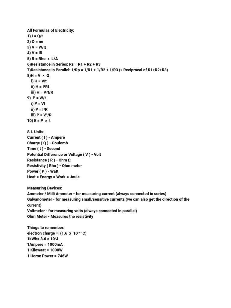 Electricity Formulas | PDF