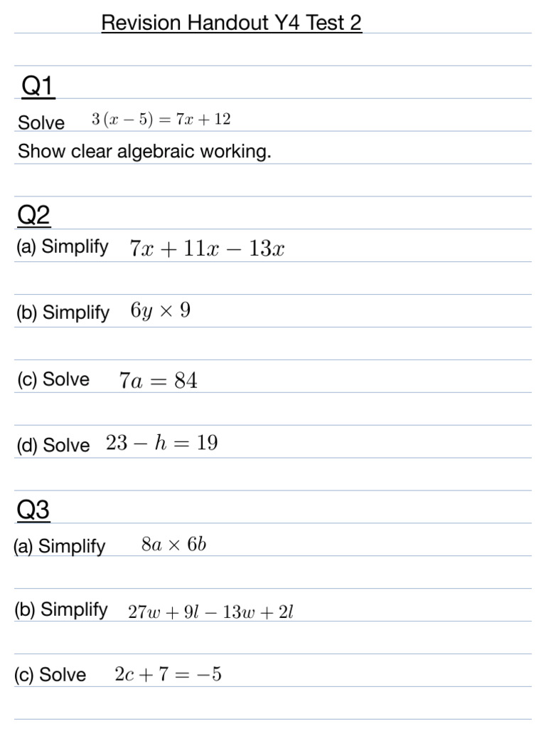 Revision Handout Y4 Test 2 | PDF | Equations | Mathematical Concepts