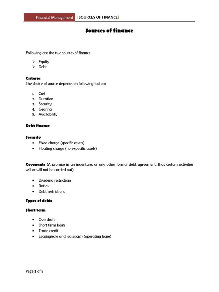 Sources of Finance Notes | PDF | Bonds (Finance) | Preferred Stock