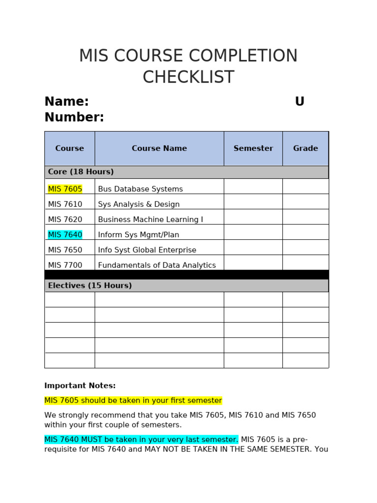 Mis Course Completion Checklist: Name: U Number | PDF
