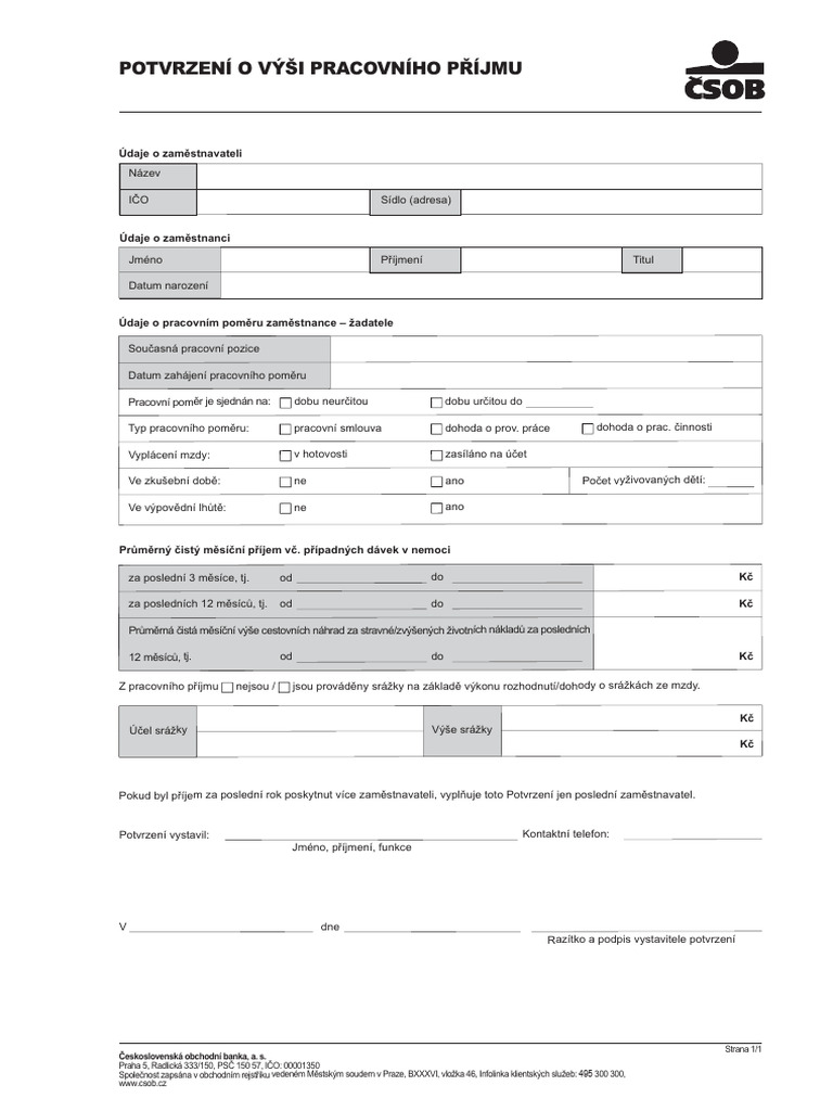 Csob Potvrzeni o Prijmu CZ | PDF