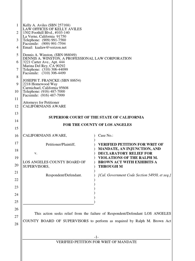 Petition For Writ of Mandate With Exhibits | PDF | Mandamus | Government