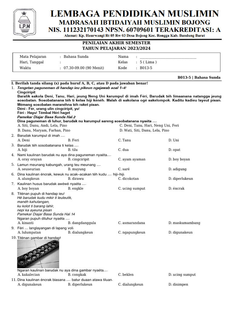 Soal TP. 2023 2024 B013-5 Bahasa Sunda Kelas 5 Madrasah Ibtidaiyah Muslimin Bojong | PDF
