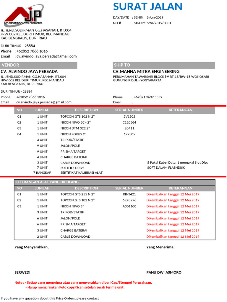 SURAT JALAN BARANG CV - AJP (Pengembalian) - To CV. MME | PDF