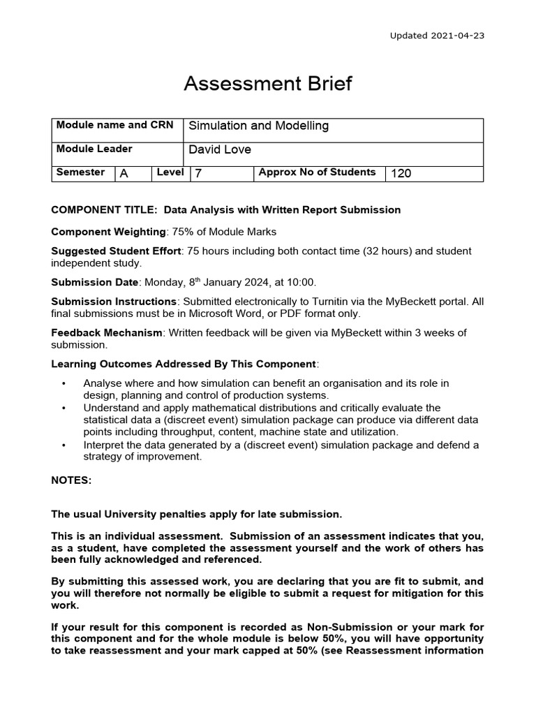 Simulation & Modelling Assessment Brief | PDF | Methodology | Theory