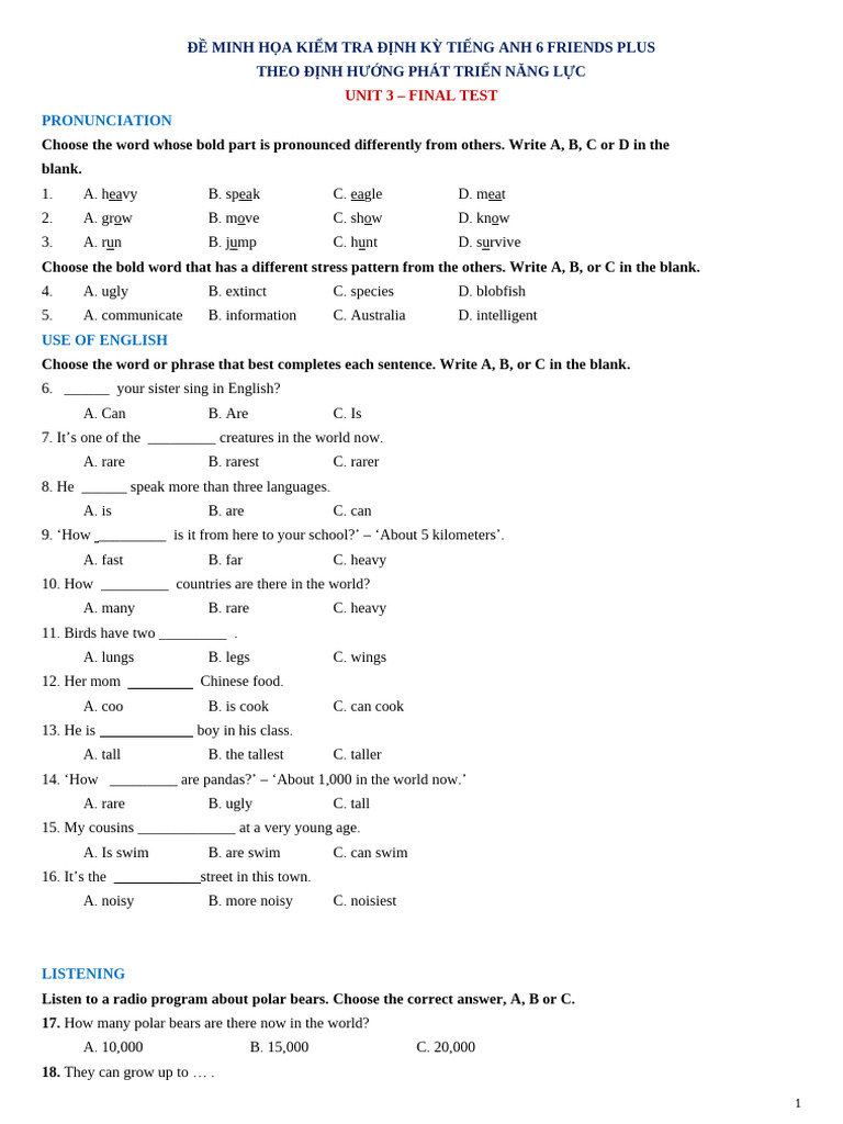 Tiếng anh 6 Friends Plus - Unit 3 - Final Test | PDF | English Language