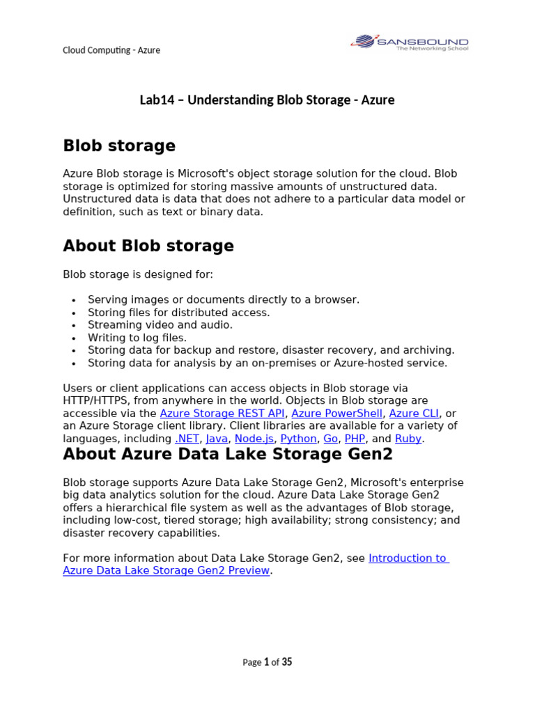 Lab14 - Understanding Blob Storage - Azure | PDF | Microsoft Azure | Computer File
