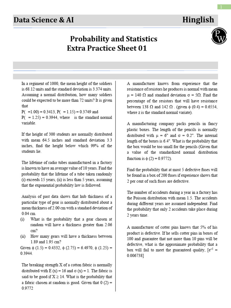 Probability and Statistics - Extra Practice Sheet 01 | PDF | Normal ...