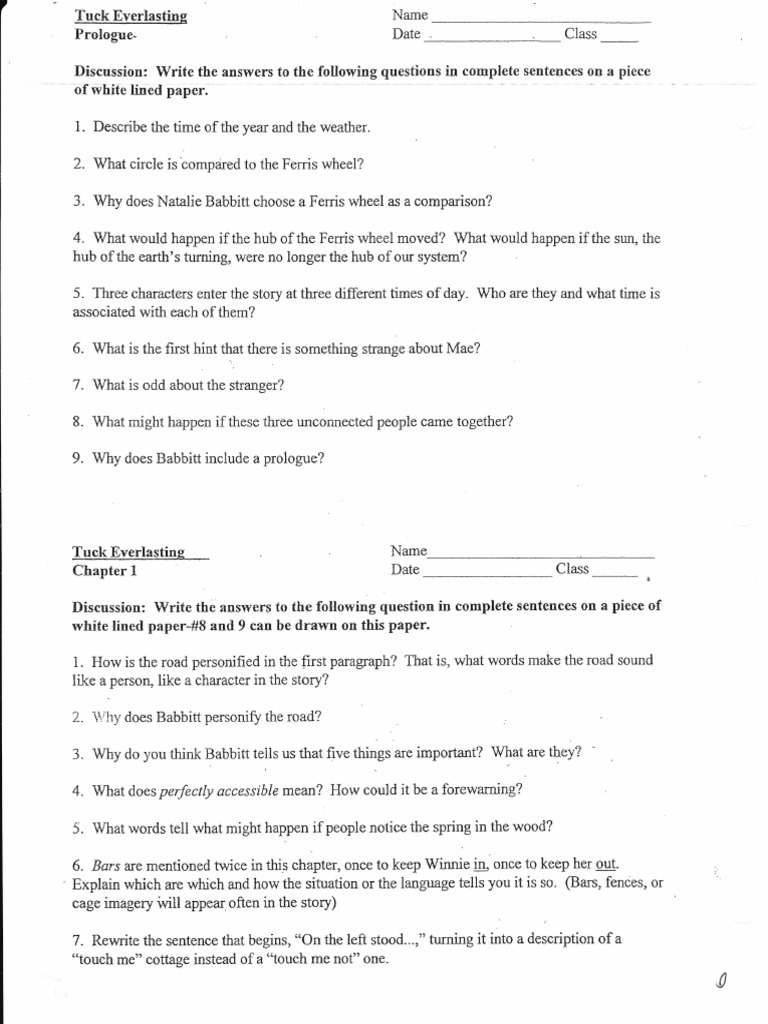 Tuck Everlasting - Chapter Wise Questions | PDF