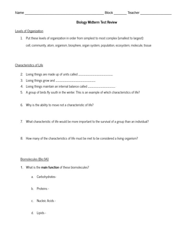 Midterm Review Bio (Answers Not Included) | PDF | Photosynthesis ...