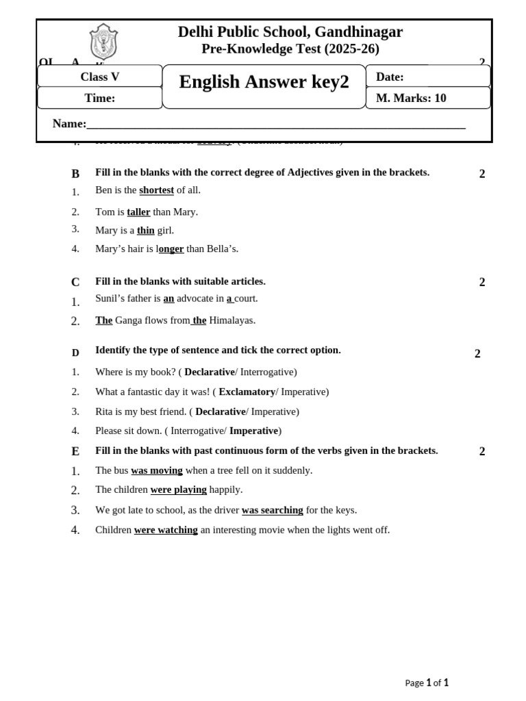 2 Answer Key - English Class V Pre-Knowledge Test Set-2 (2025 - 26) | PDF