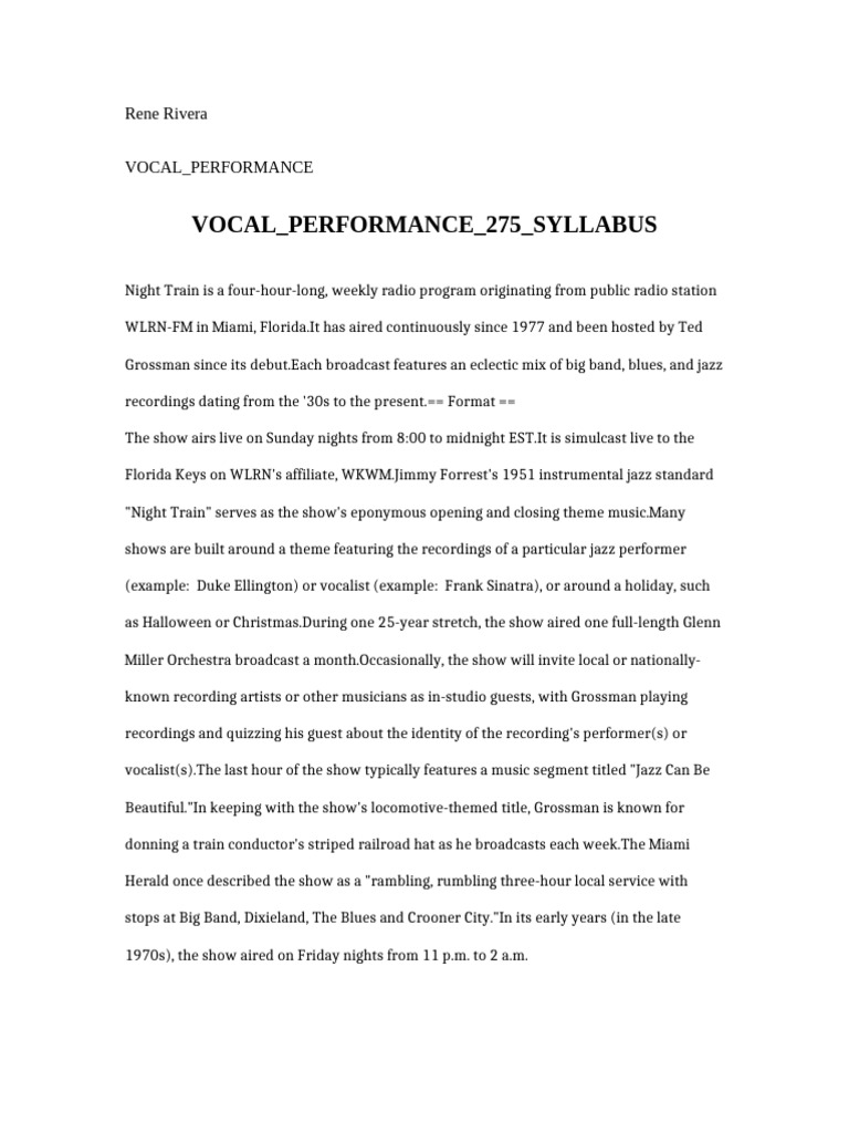 Vocal Performance 275 Syllabus | PDF | Jazz