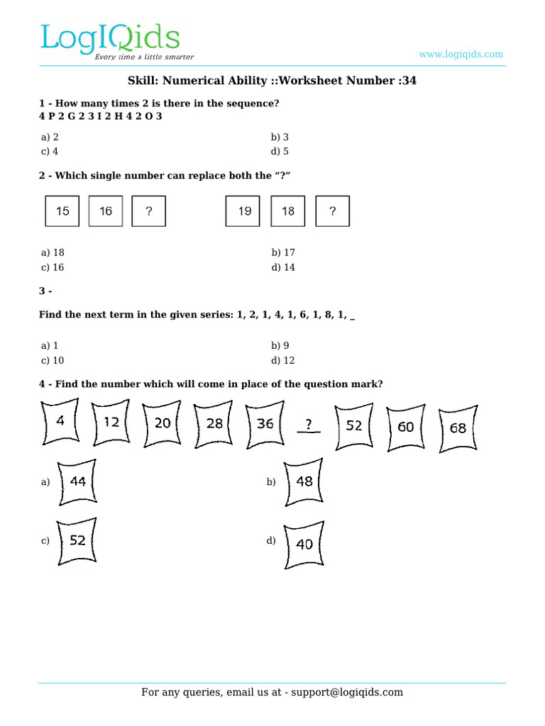 Skill: Numerical Ability::Worksheet Number:34: A) 2 B) 3 C) 4 D) 5 | PDF