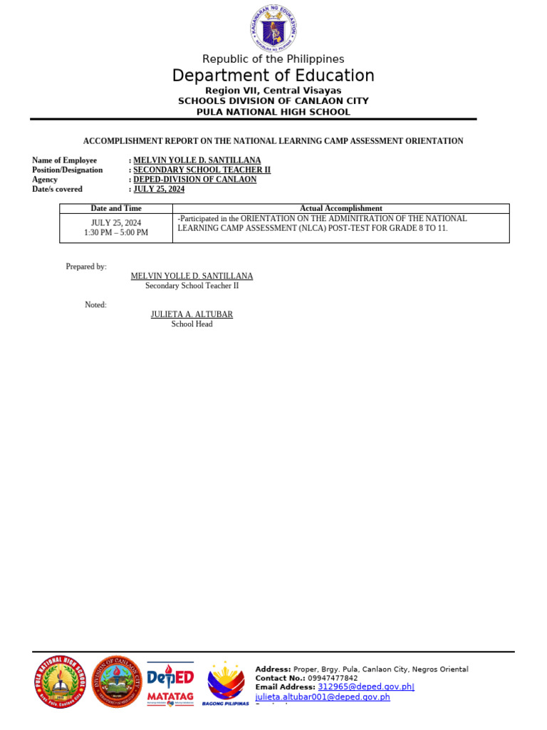 Accomplishment Report For NLCA Pre Test and Post Test 2024 | PDF