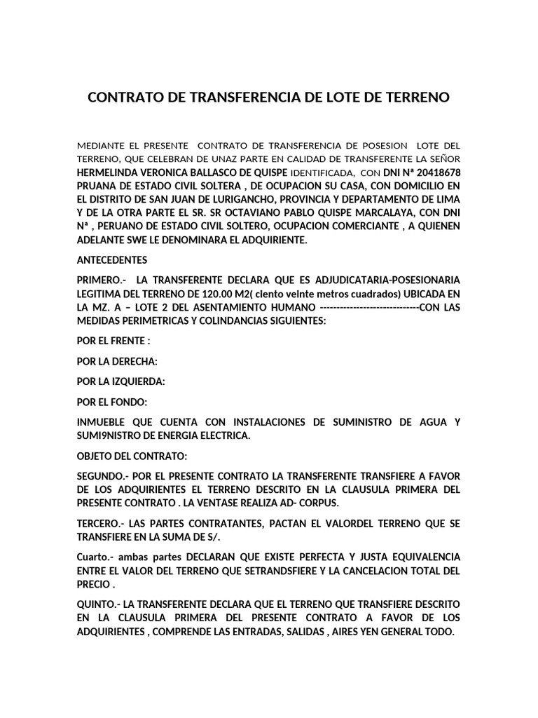Contrato de Transferencia de Lote de Terreno 2 | PDF