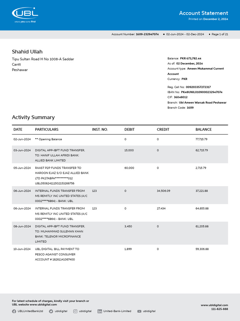 UBL Account Statement Jun-Dec 2024 | PDF | Banks | Debit Card