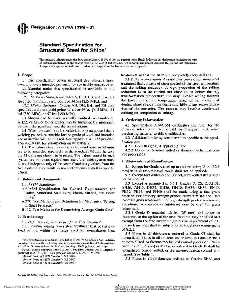 ASTM A131 A131M-01 Standard Spec - Structure Steel For Ships | PDF