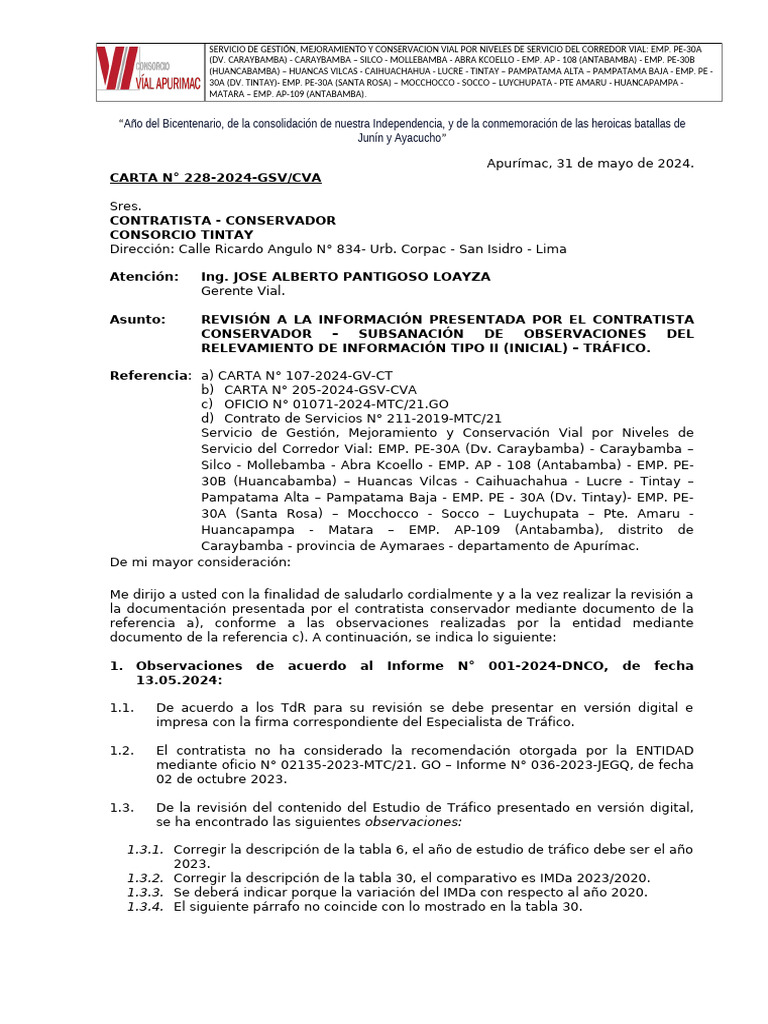 CARTA N° 228-2024-GSV-CVA | PDF