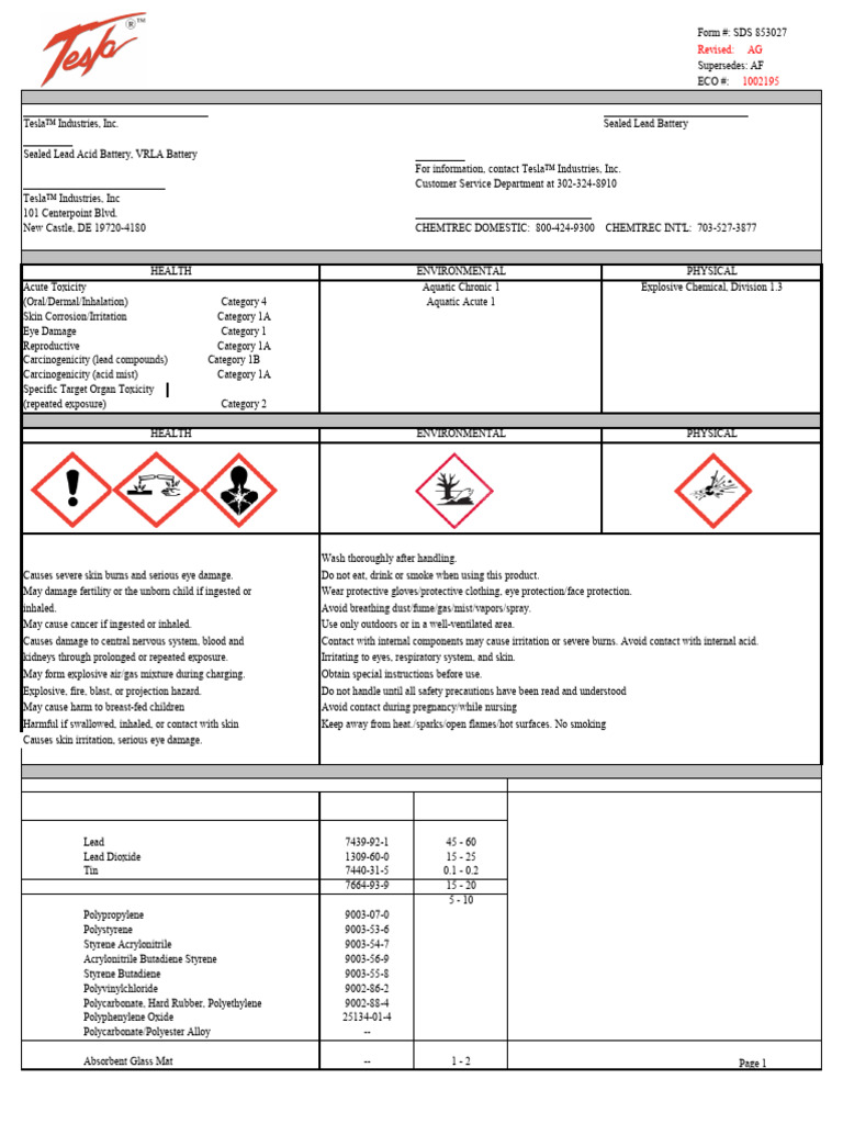 Tesla Safety Data Sheet | PDF | Sulfuric Acid | Lead