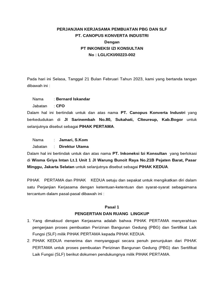 Perjanjian Kerjasama Pembuatan PBG & SLF PT Cki | PDF