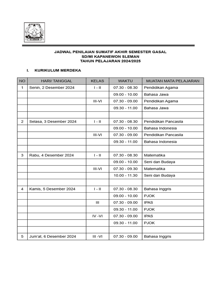 Jadwal Penilaian Sumatif Akhir Semester Gasal 2024 2025-1 | PDF