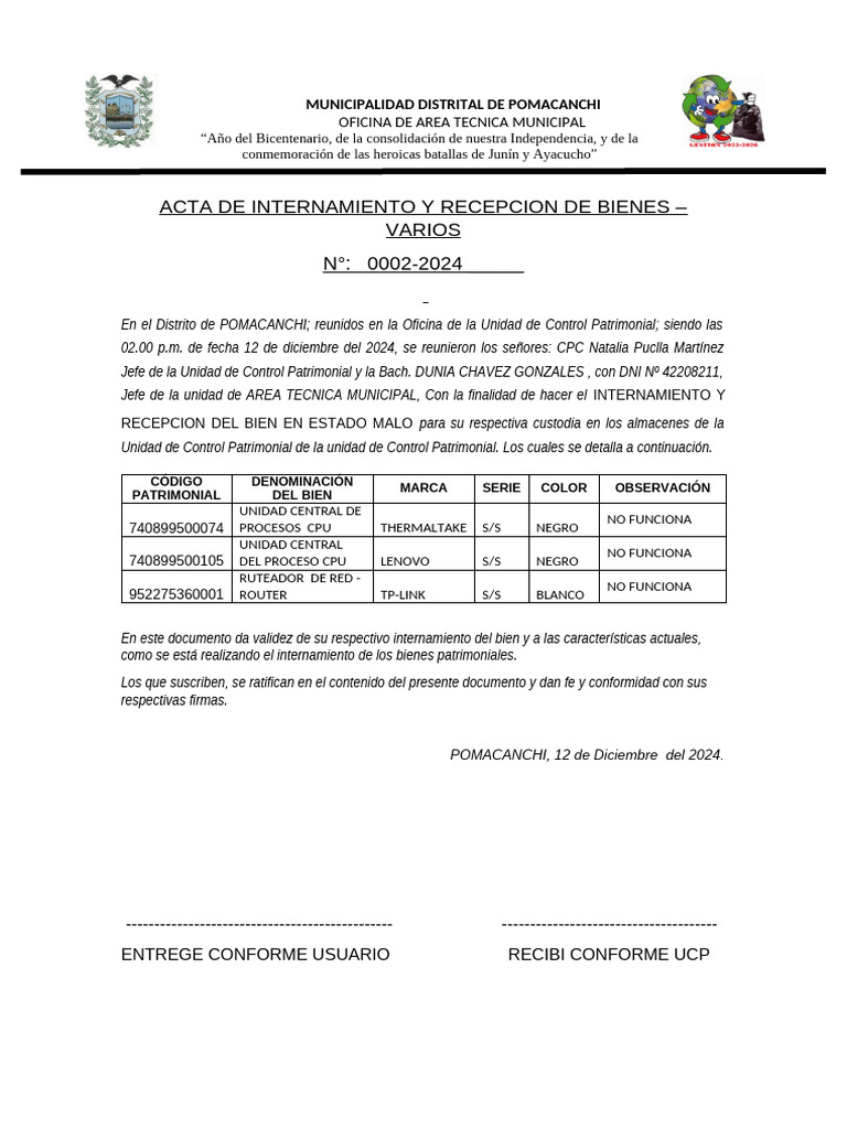 Acta de Internamiento de Bienes 2024 | PDF