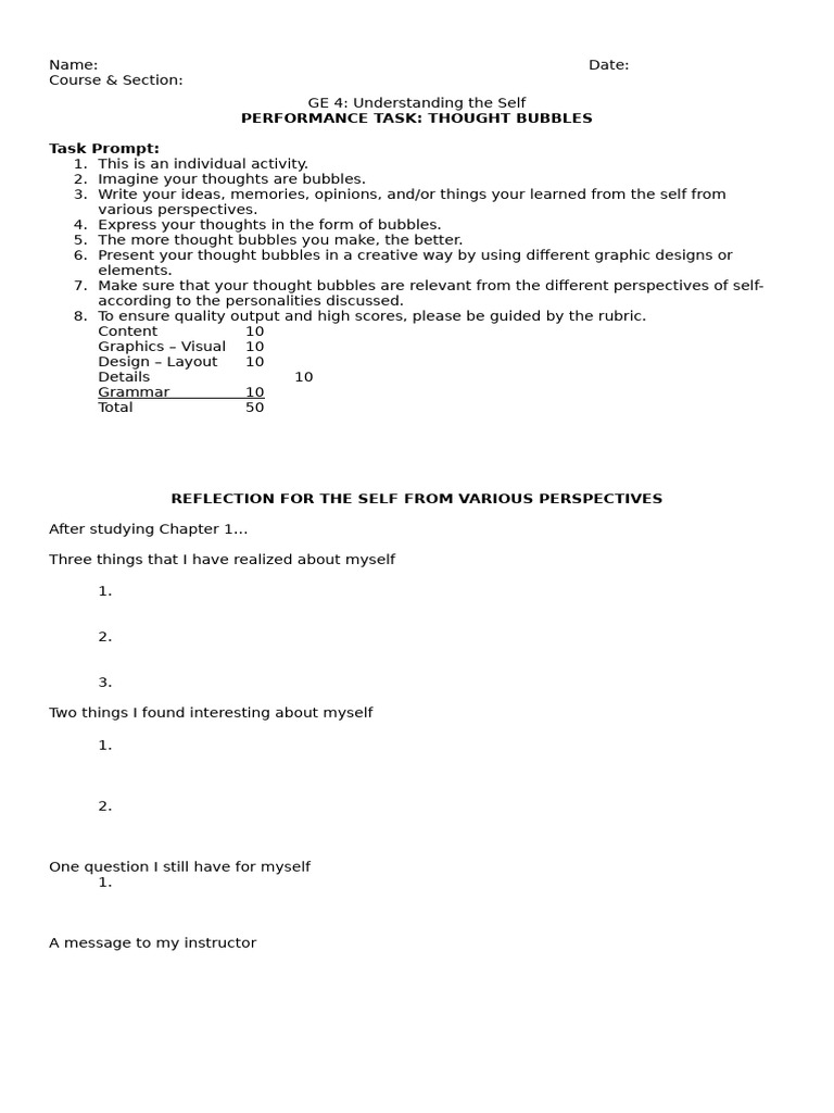 Thought Bubbles: Self-Reflection Task | PDF