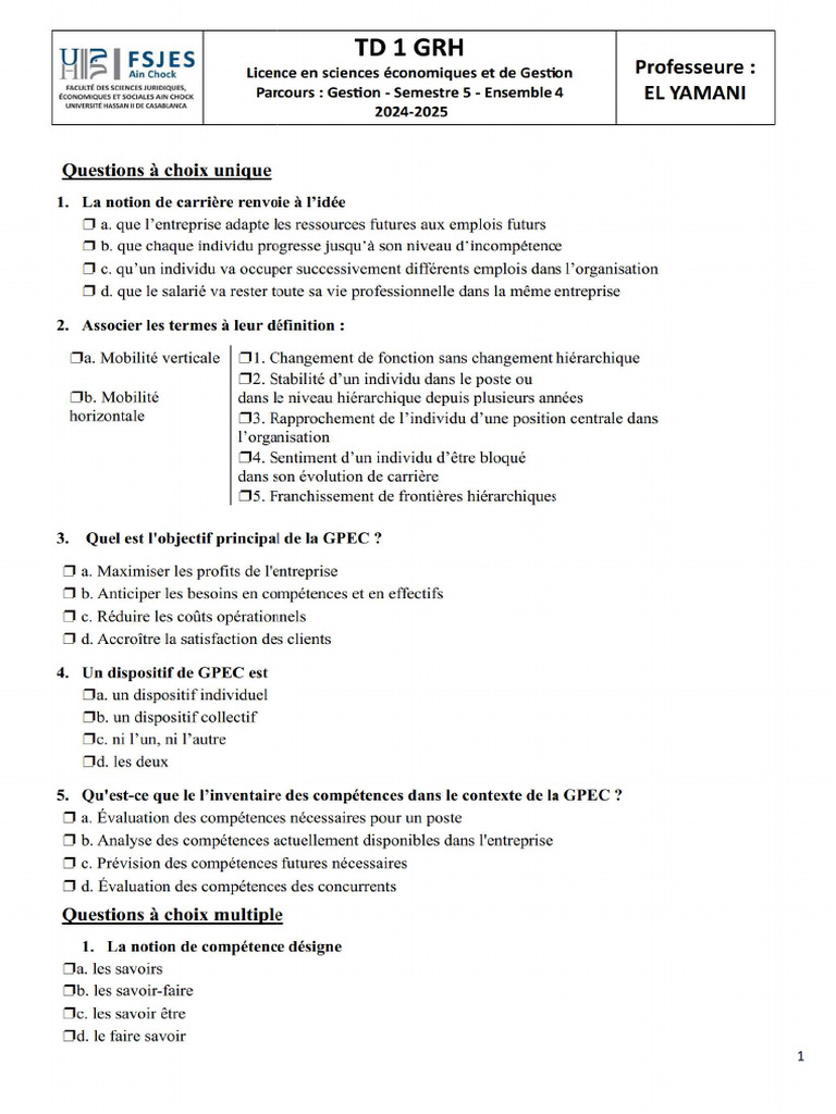 TD 1 GRH PR EL YAMANI S5 Parcours Gestion Ensemble 4 2024 2025 | PDF