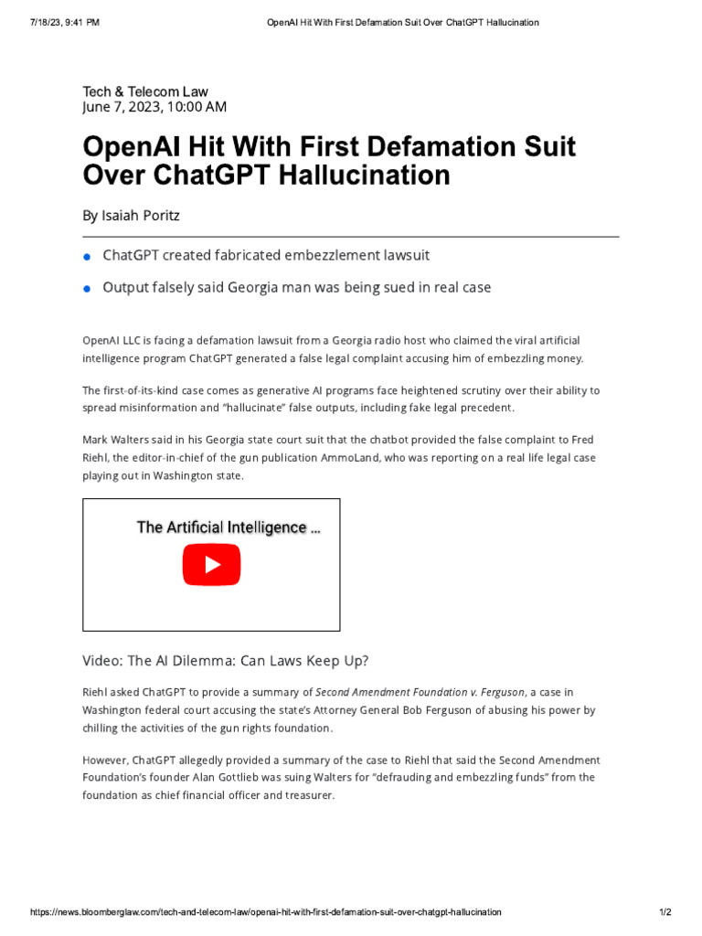 OpenAI Hit With First Defamation Suit Over ChatGPT Hallucination-1 | PDF