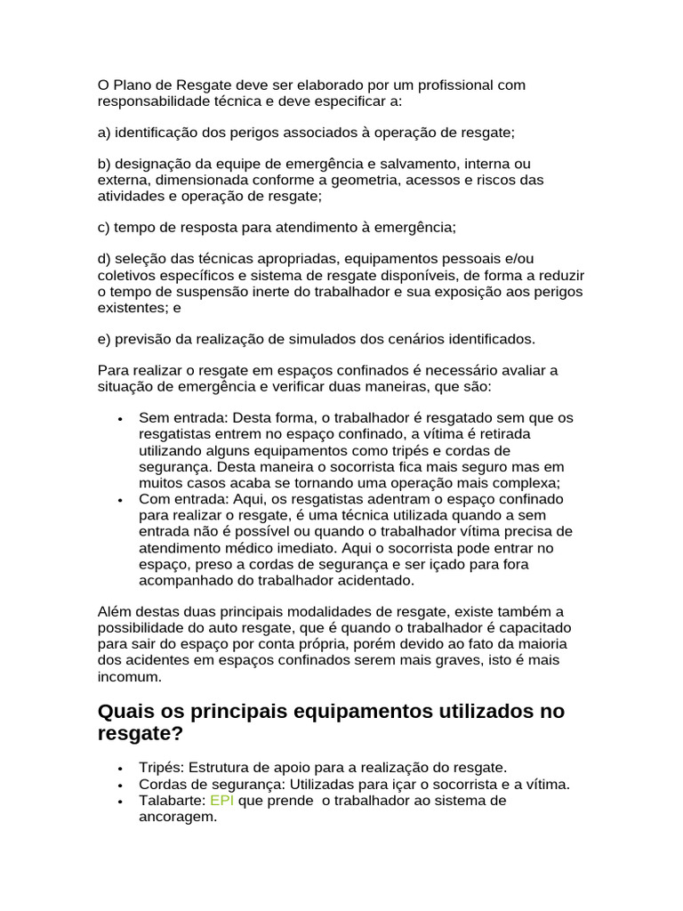 Plano de Resgate em Espaços Confinados | PDF | Resgate | Paramédico