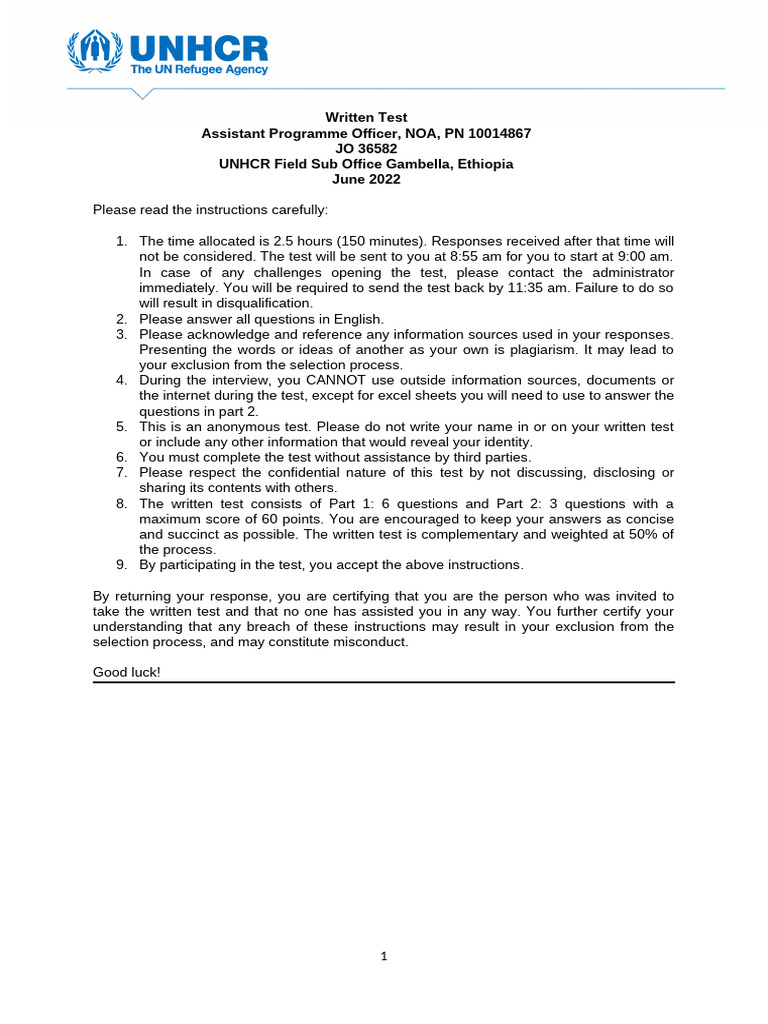 UNHCR Assistant Programme Officer Test | PDF | United Nations High ...