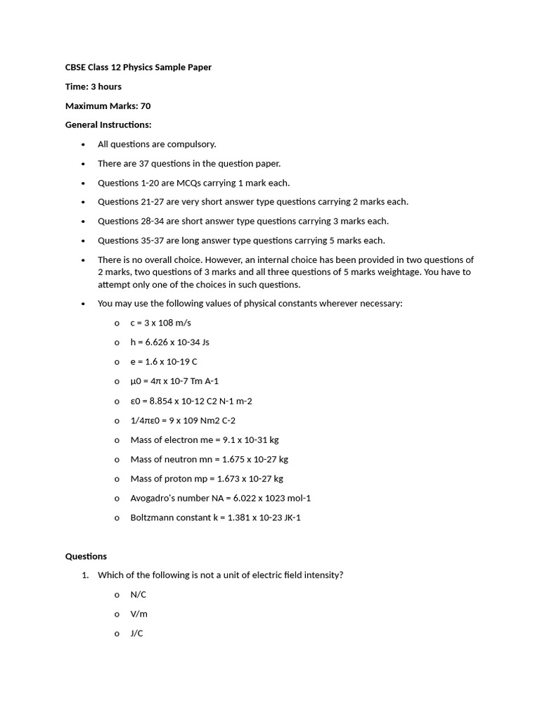 CBSE Class 12 Physics Sample Paper | PDF | Waves | Wavelength