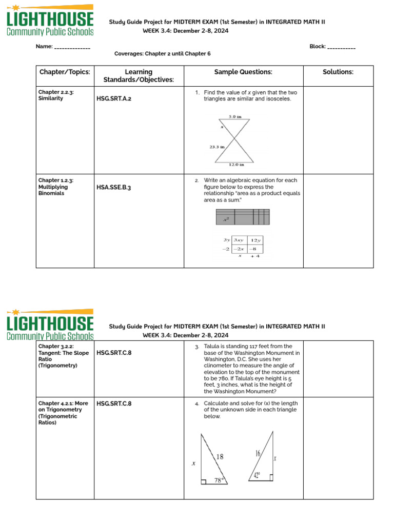 Study Guide Math Project for MIDTERM TEST (IM2) (1) | PDF ...