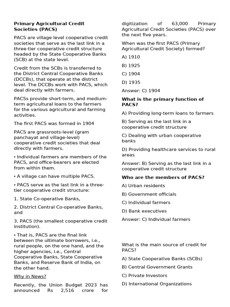 Primary Agricultural Credit Societies | PDF | Reserve Bank Of India ...