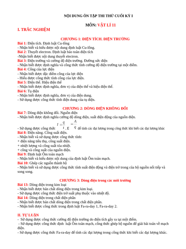 ND - On Tap THI TH - Vat Li 11 - Cuoi HK1 | PDF