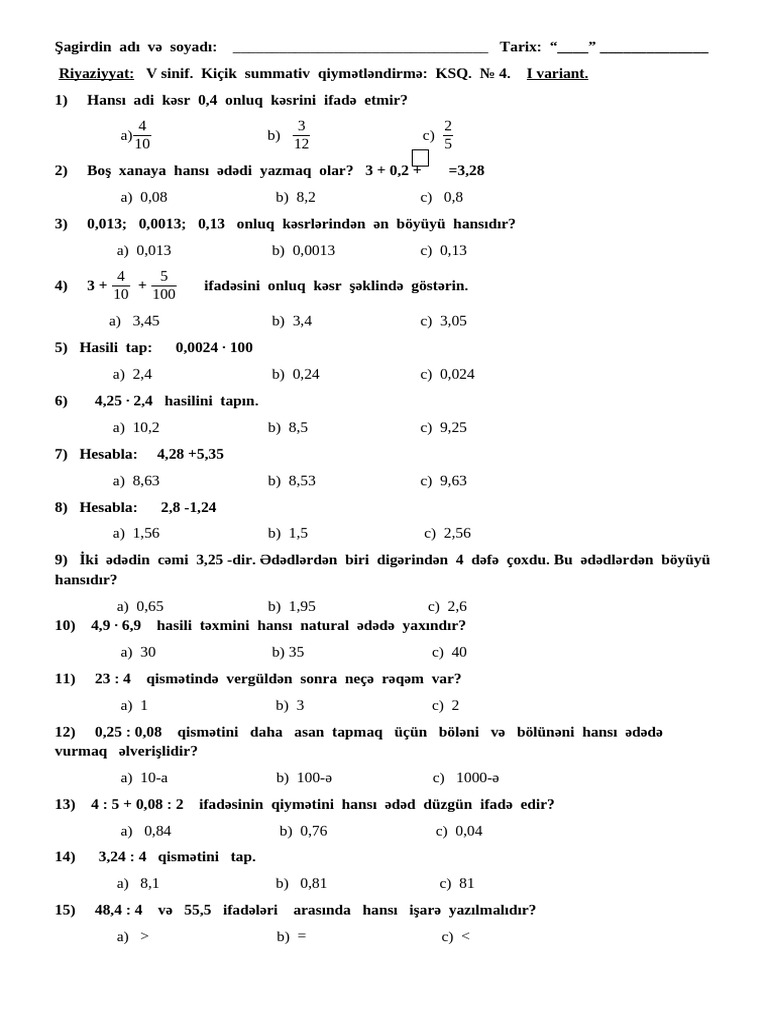 Riyaziyyat V Sinif. KSQ-4 | PDF