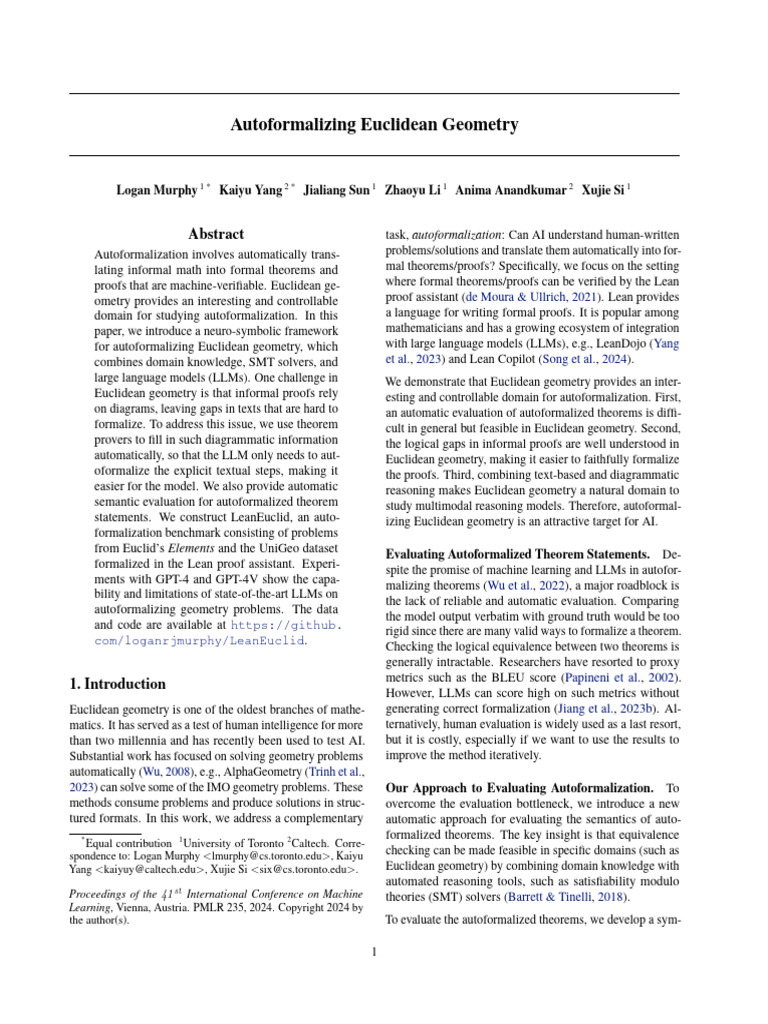 Autoformalizing Euclidean Geometry: Logan Murphy Kaiyu Yang Jialiang Sun Zhaoyu Li Anima ...