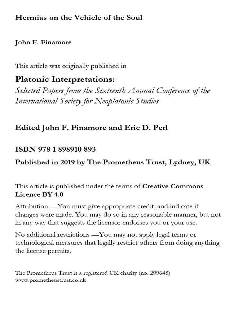 Hermias On The Vehicle of The Soul Plato | PDF | Neoplatonism | Soul