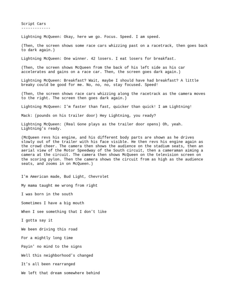 Cars Movie Script - English Version | PDF